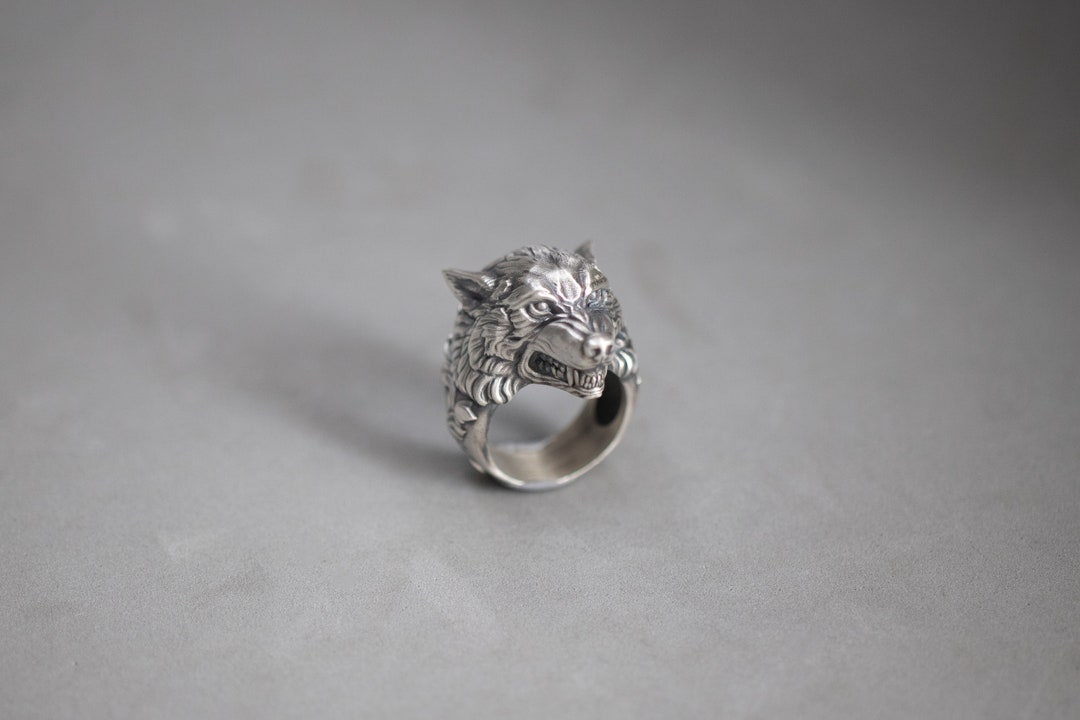 Men Silver Wolf Ring, Wolf Head Ring, Mens Animal Jewelry, Alpha Wolf ...