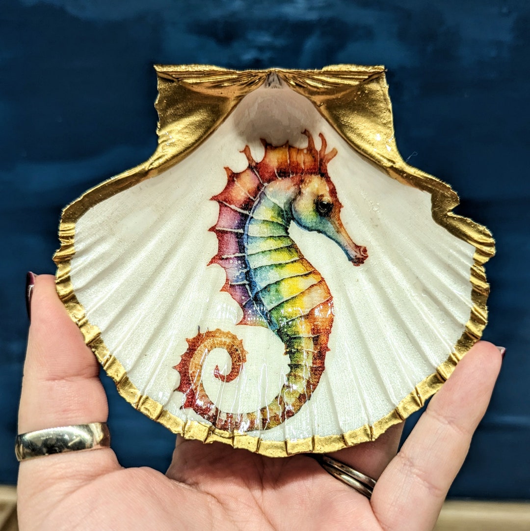 Rainbow Seahorse Ring Dish Scallop Shell Gilded Gold Varnished Shiny ...
