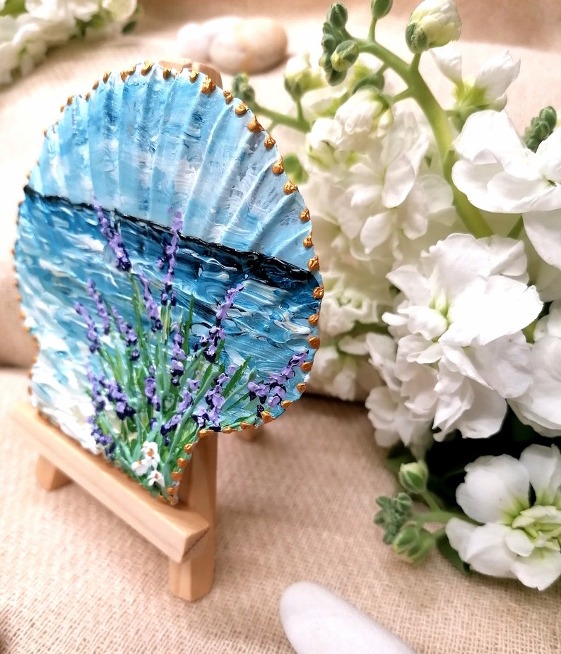 Hand Painted Flowers Bouquet Lavender on Flat Scallop Shell - Etsy
