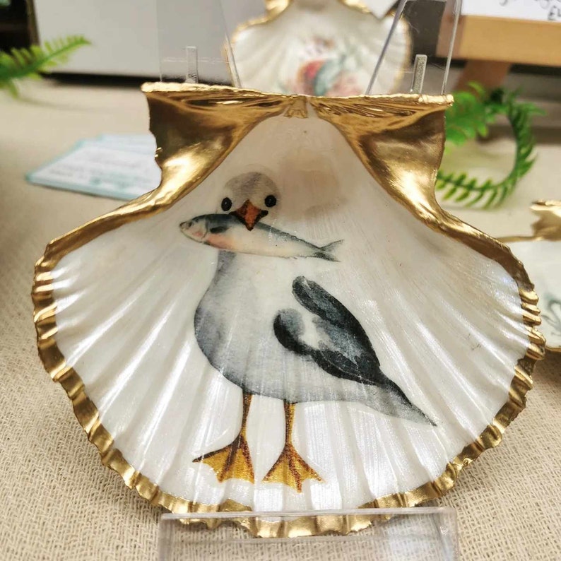 Seagull Bird Fish Ring Dish Scallop Shell Gilded Gold Varnished Shiny ...