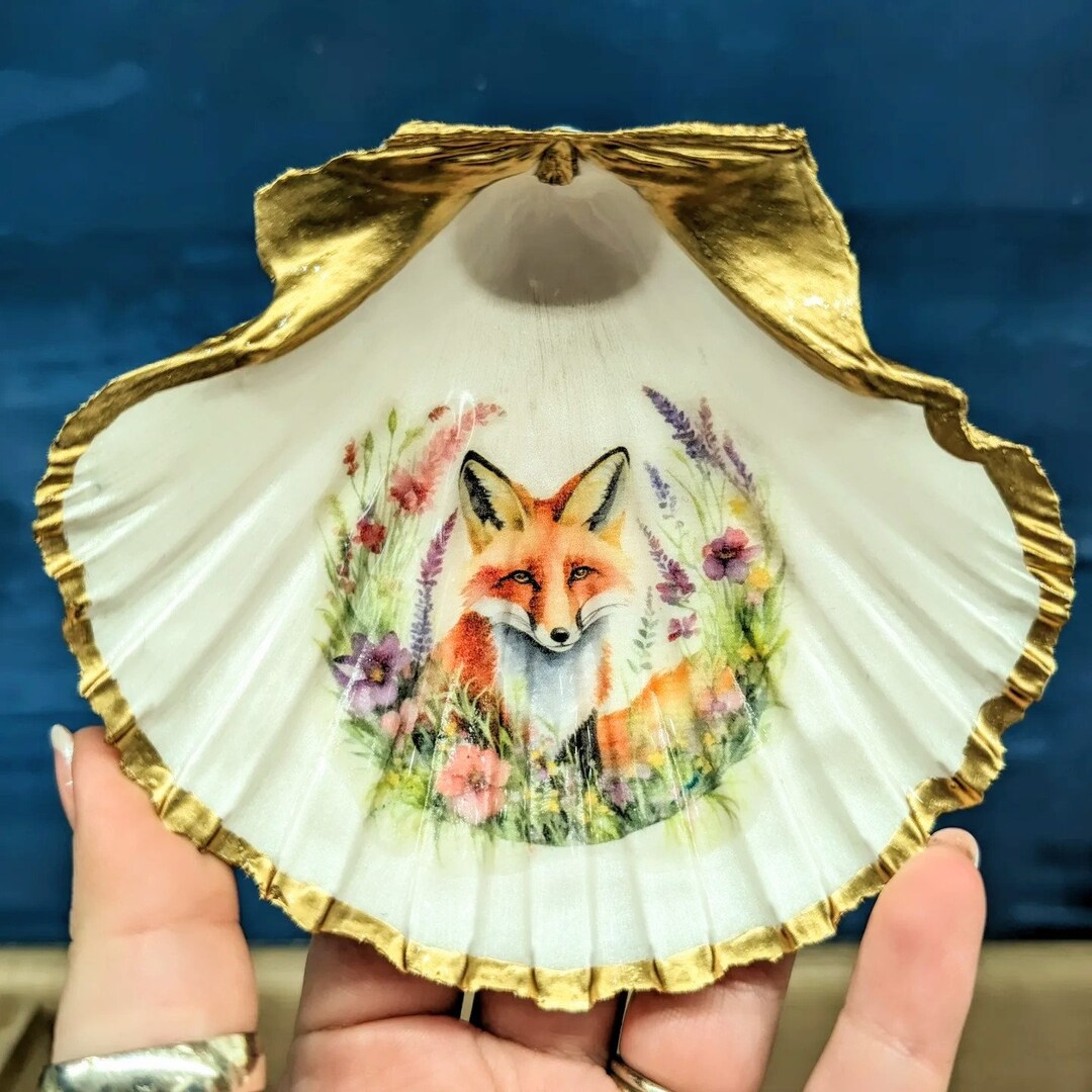 Wildflower Fox Woodland Ring Dish Scallop Shell Gilded Gold Varnished ...