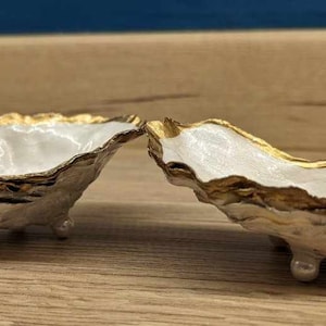 Gilded Oyster Shell Salt and Pepper Dish Set, Gozo Sea Salt, Nautical ...