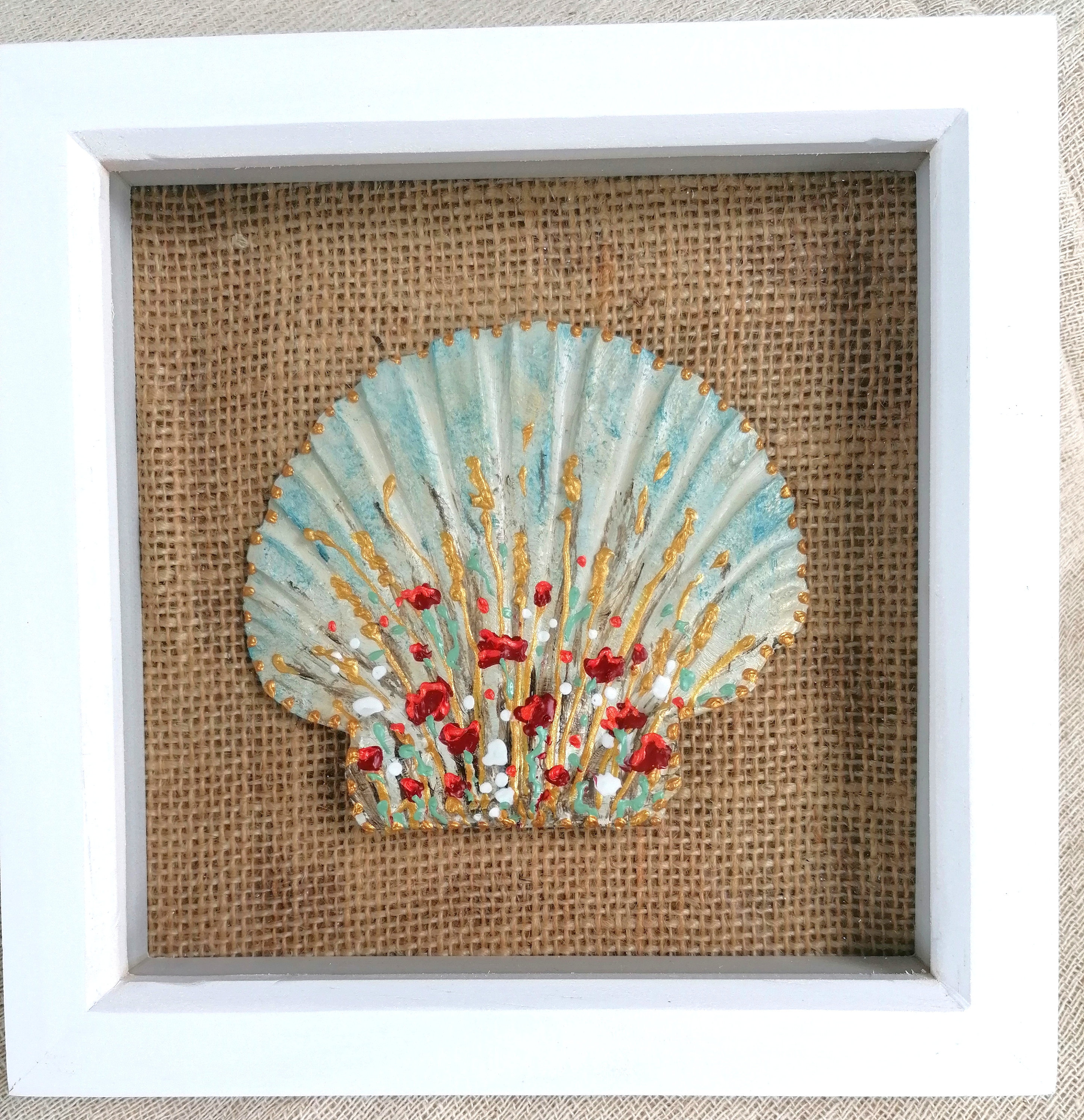 Hand Painted Poppy Bouquet on Flat Scallop Shell Frame Box Frame Glass ...