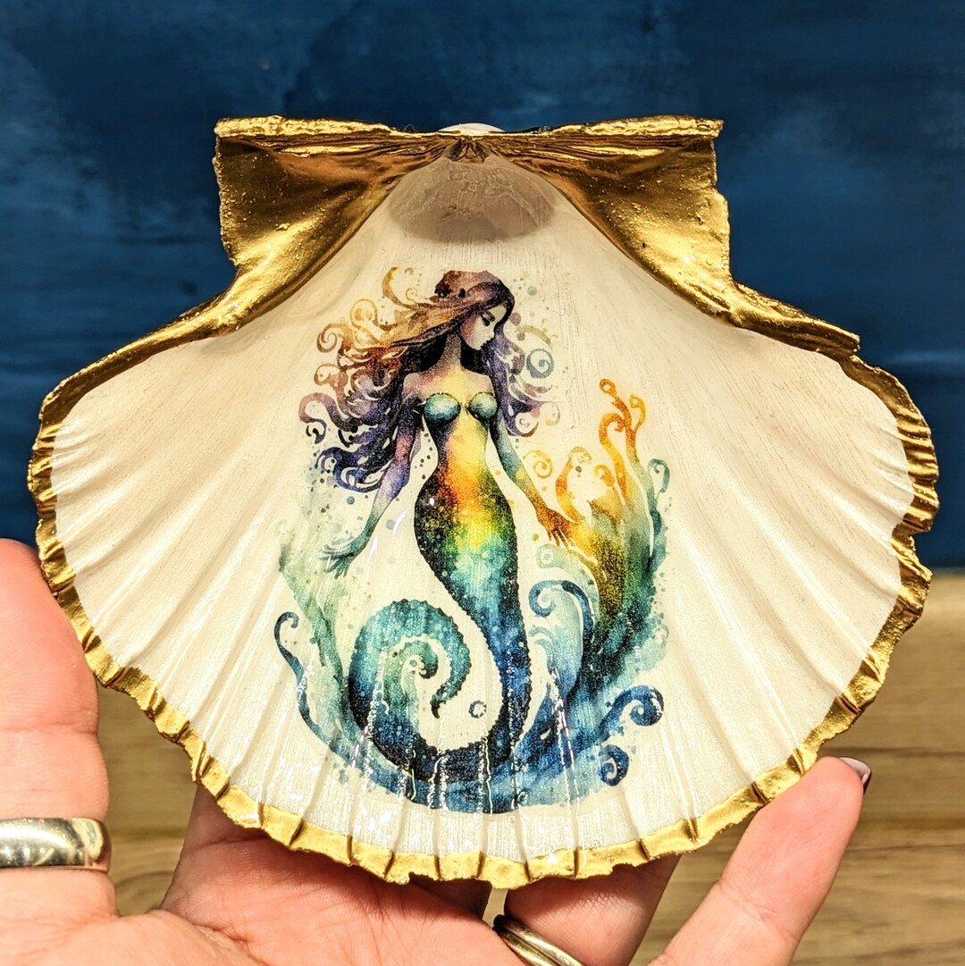 Rainbow Mermaid Ring Dish Scallop Shell Gilded Gold Varnished Shiny ...