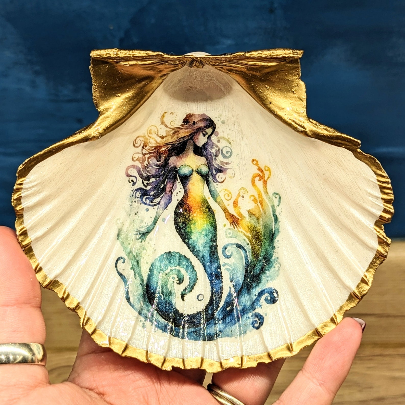 Rainbow Mermaid Ring Dish Scallop Shell Gilded Gold Varnished Shiny ...