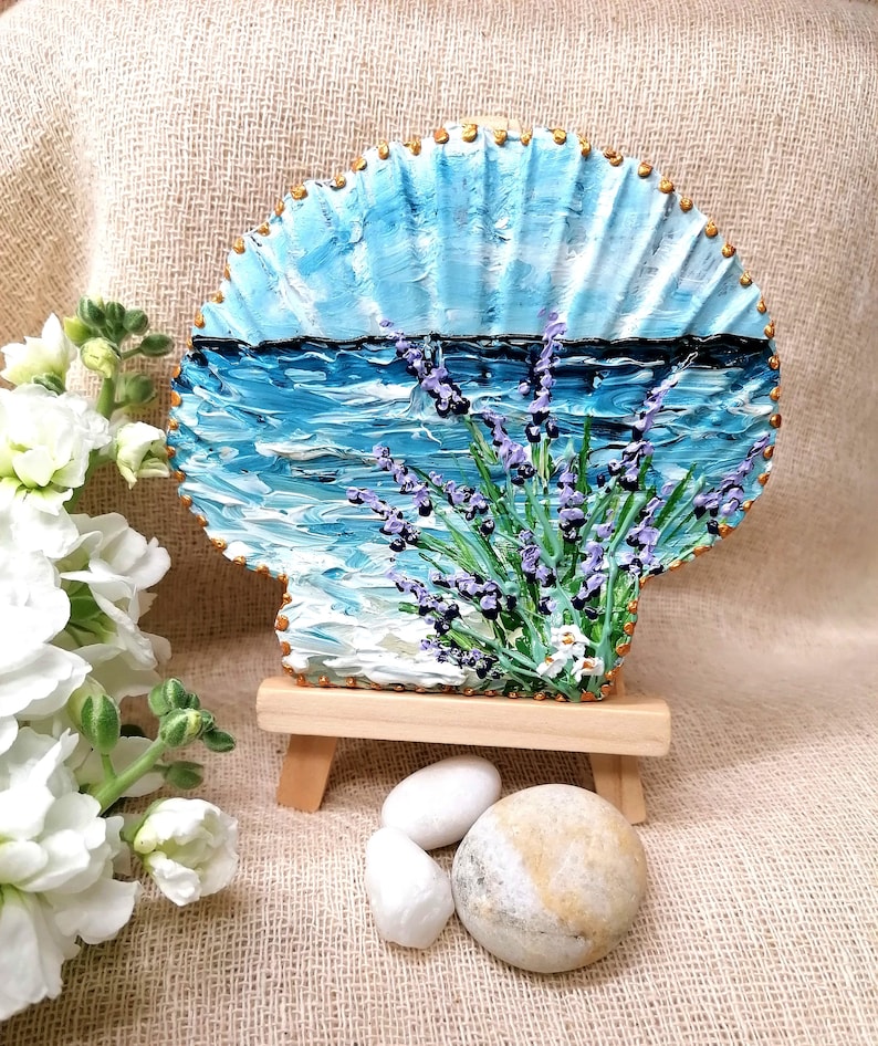Hand Painted Flowers Bouquet Lavender on Flat Scallop Shell - Etsy