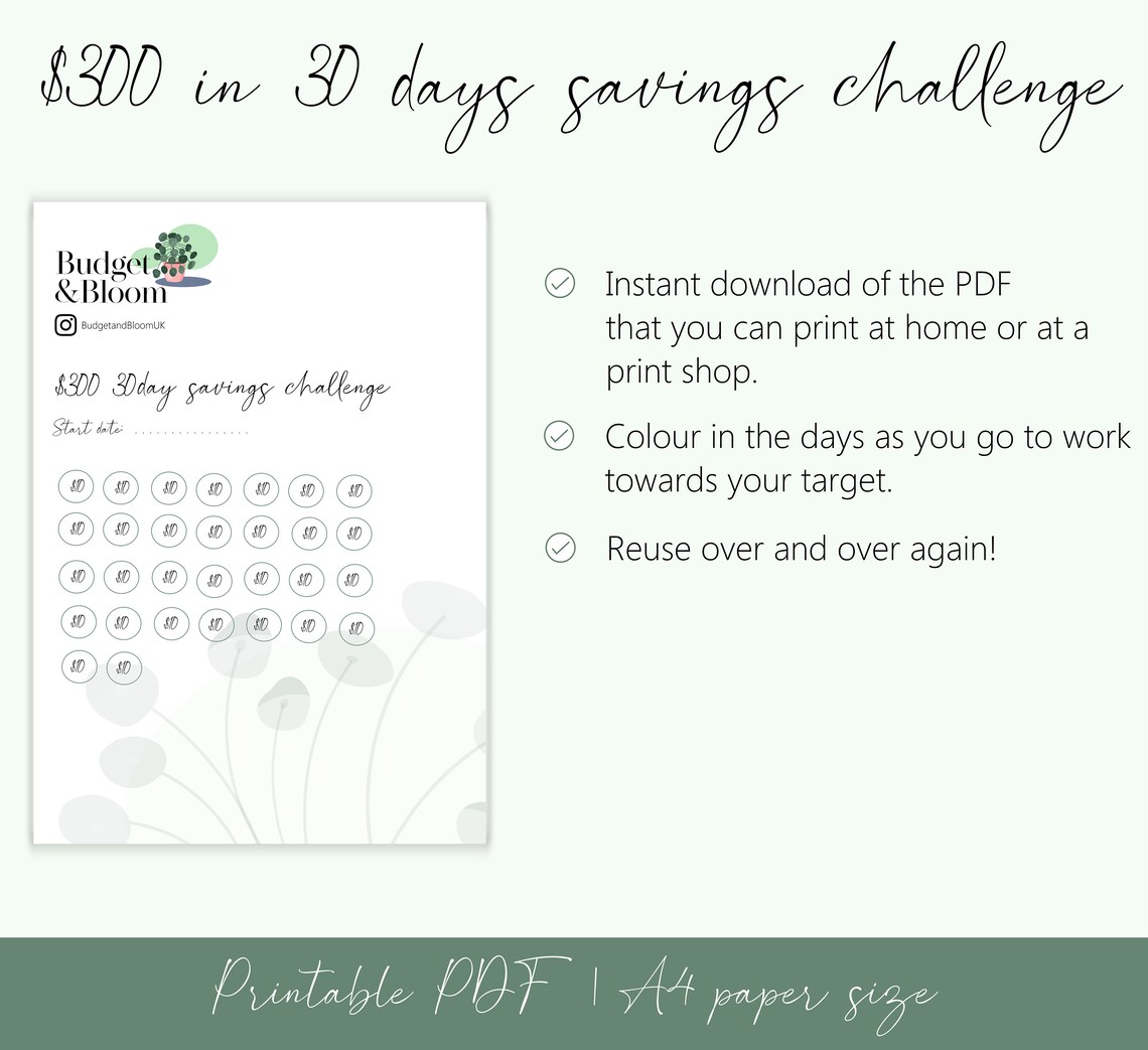 300 in 30day Savings Challenge Printable PDF Savings Goal Savings ...
