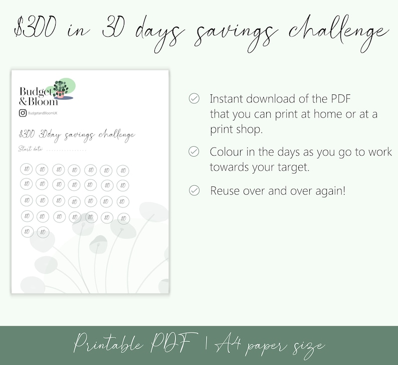300 in 30day Savings Challenge Printable PDF Savings Goal Savings ...