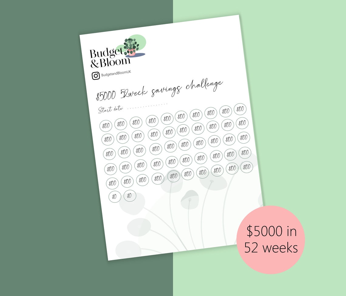 5000 in 52 Weeks Savings Challenge Printable PDF Savings Goal Savings ...