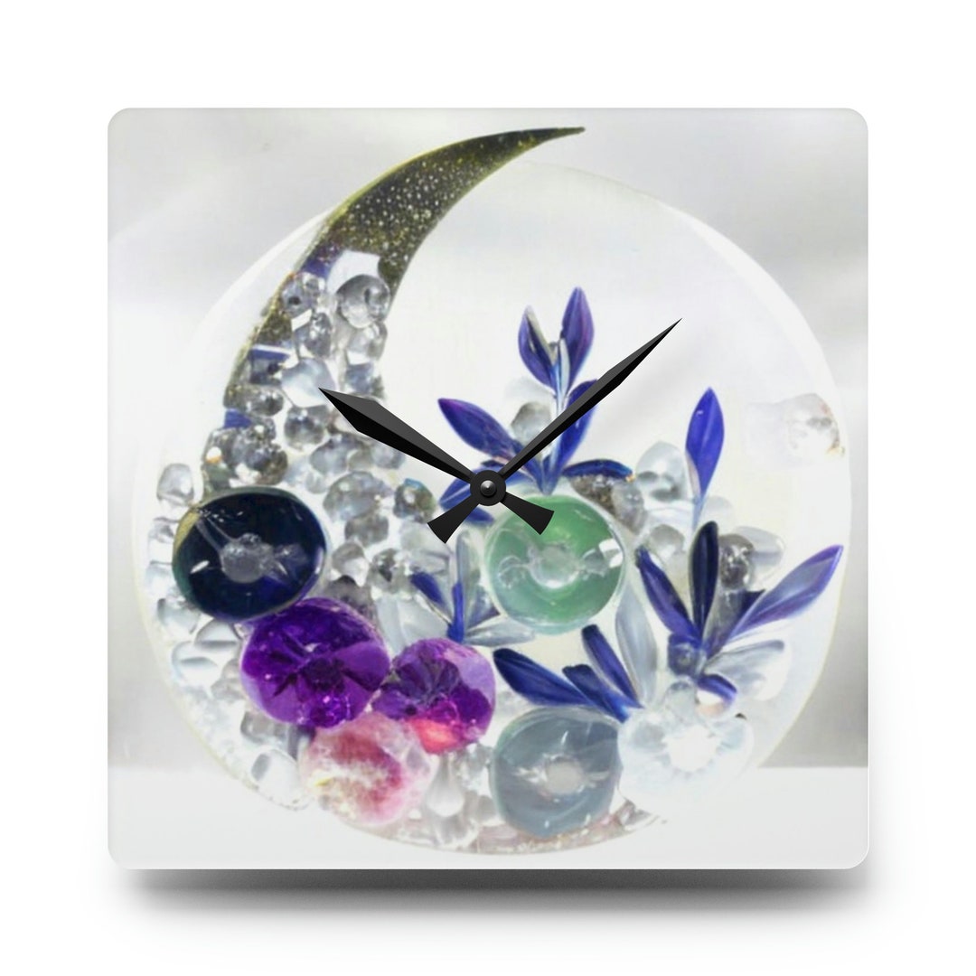 Beautiful Acrylic Wall Clock With a Crescent Moon and Assorted Crystals ...