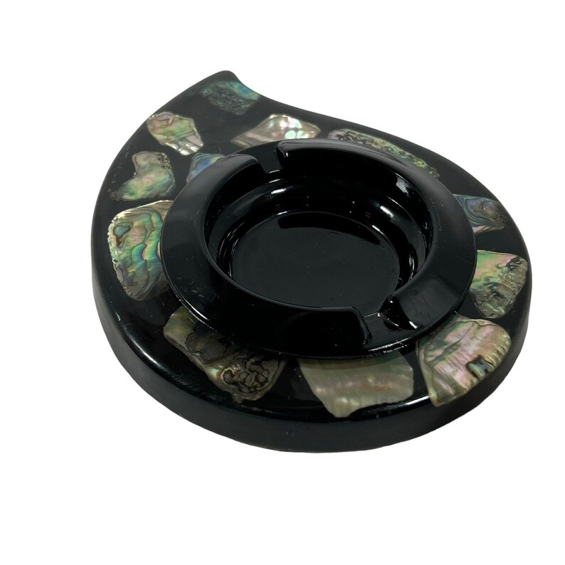 Vintage Lucite Abalone Shell Desk Set Atomic Blk MCM Palm USA Ashtray ...