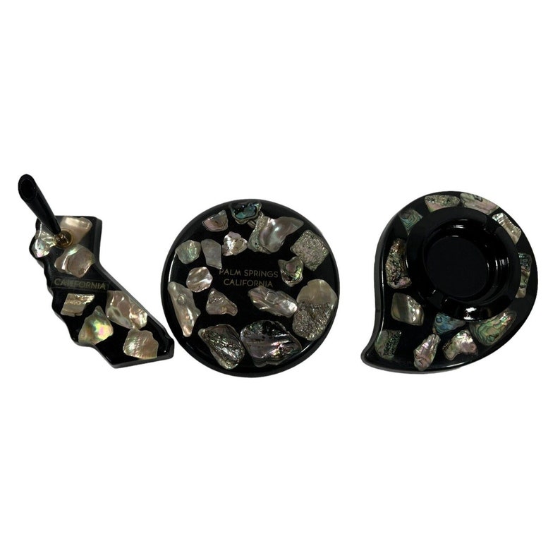 Vintage Lucite Abalone Shell Desk Set Atomic Blk MCM Palm USA Ashtray ...