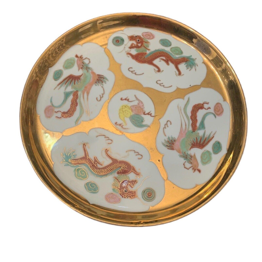 Japanese Dragon Phoenix Porcelain Serving Tray Gilt 3 Section Golden ...