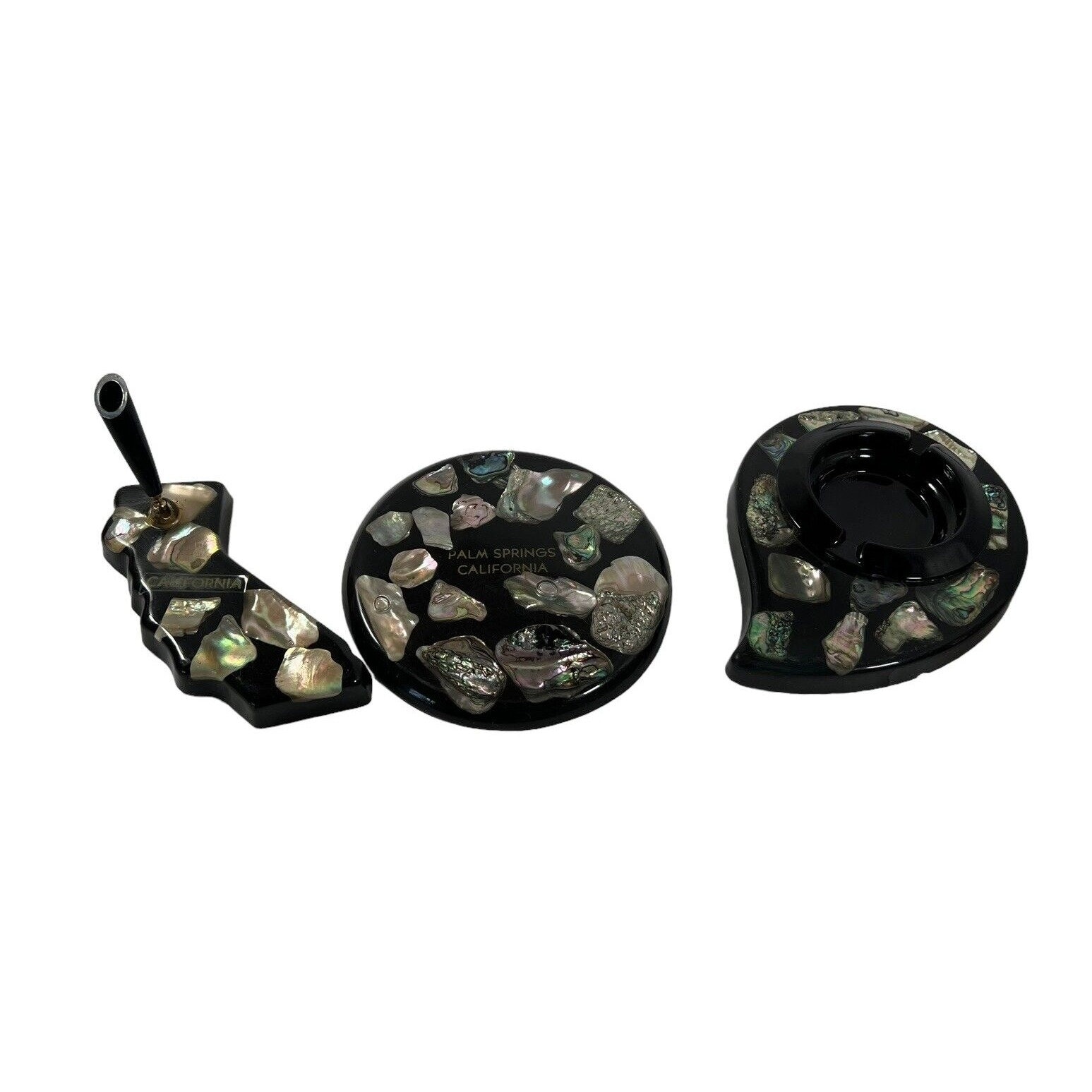 Vintage Lucite Abalone Shell Desk Set Atomic Blk MCM Palm USA Ashtray ...