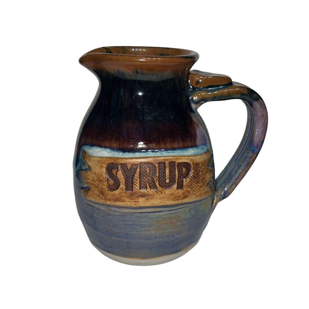 Vintage Artist Signed Studio Syrup Pottery Pitcher Glazed Brown Blue ...