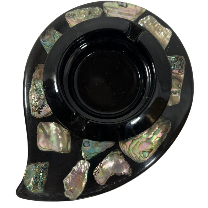 Vintage Lucite Abalone Shell Desk Set Atomic Blk MCM Palm USA Ashtray ...