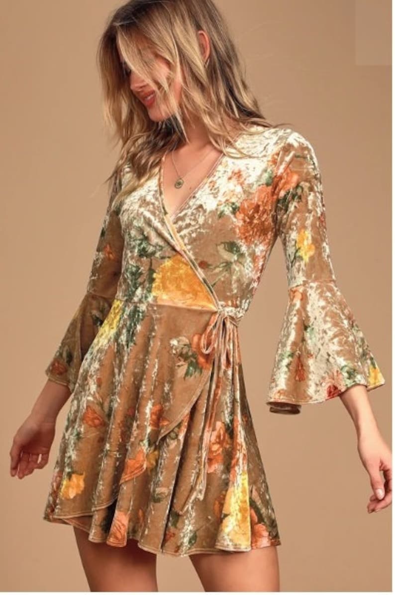Floral Printed Velvet 3/4 Sleeve Wrap Mini Wrap Dress -MADE IN U.S.A - Etsy