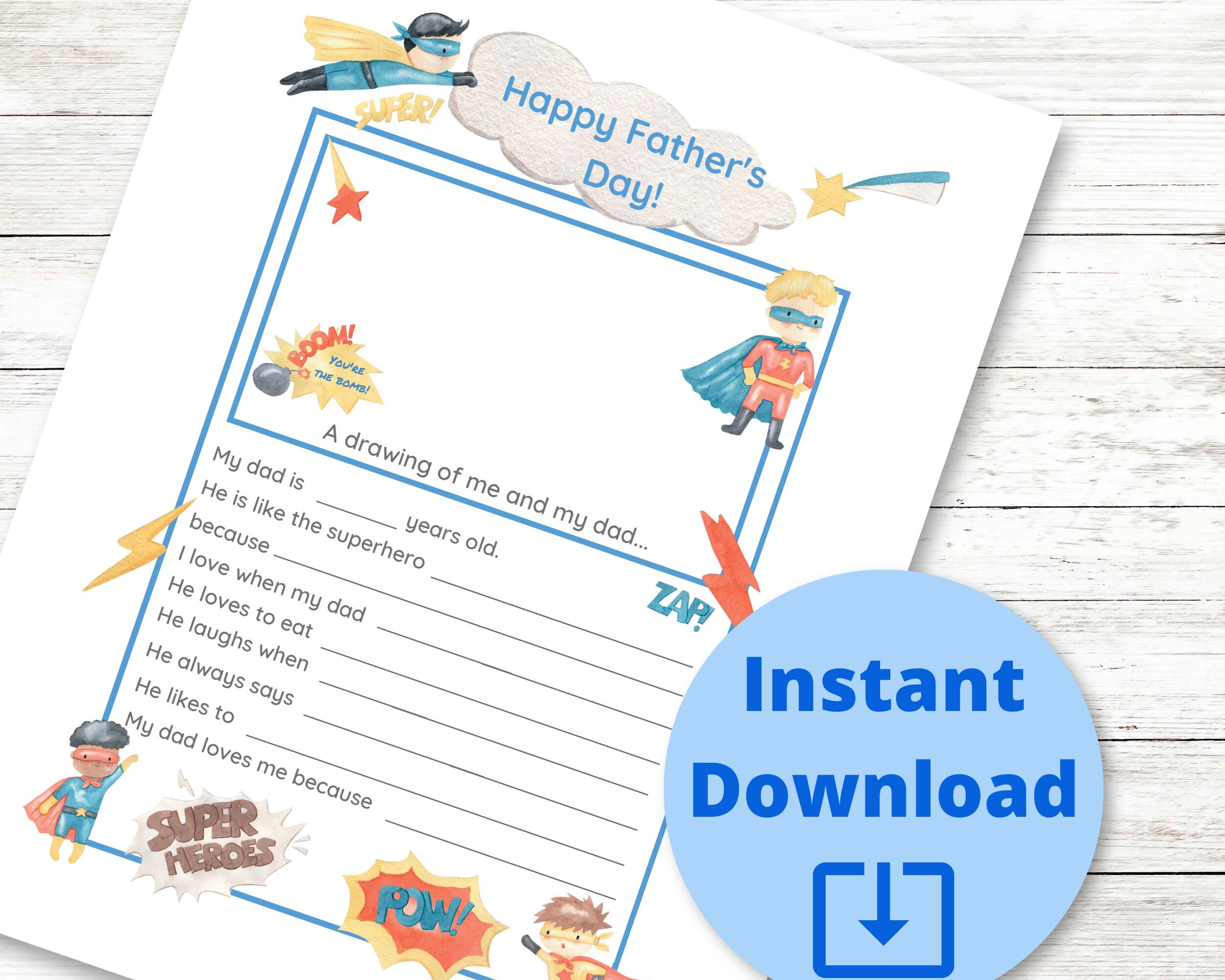 Happy Father's Day Printable Superhero Questionnaire Survey From Child ...