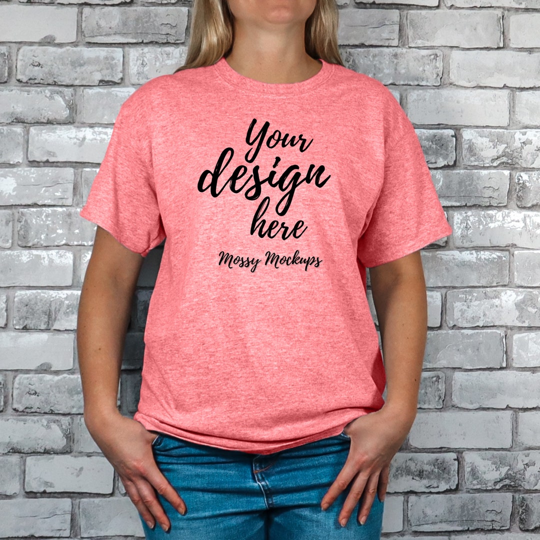 Heather Coral Silk Gildan 64000 Mockup, Gildan Heather Coral Silk Shirt Mockup, Heather Coral ...