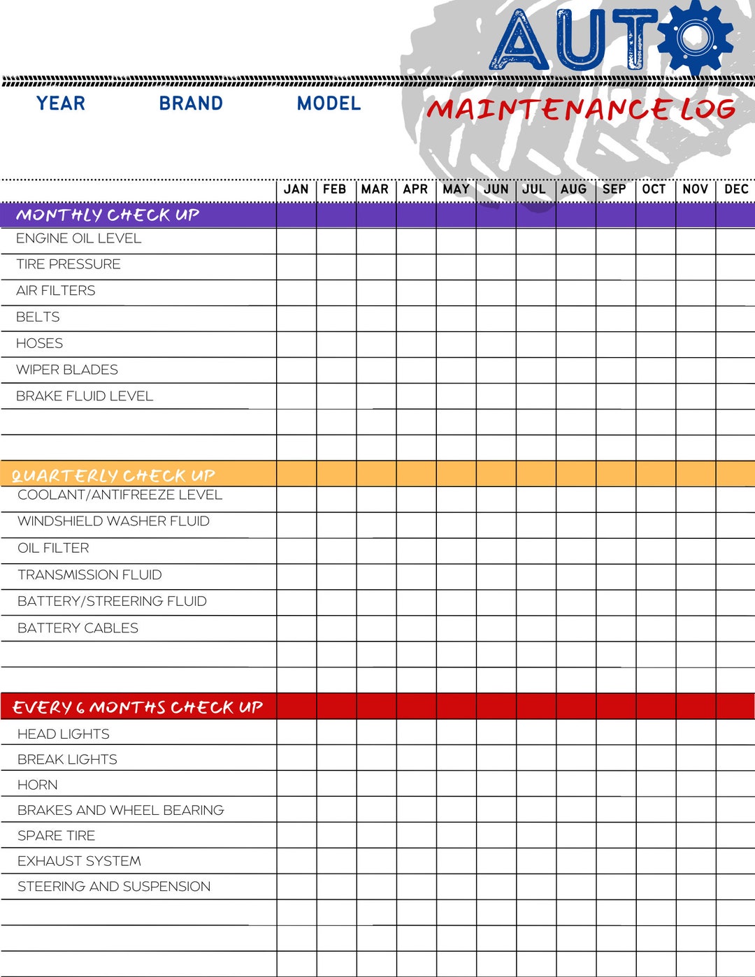 Auto Care Check Sheet Download/printable - Etsy
