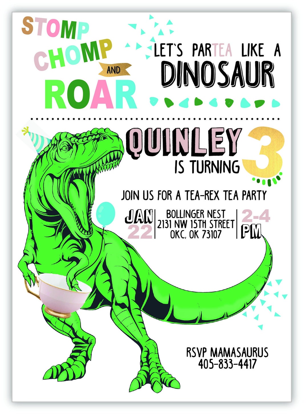 T-rex Tea Party Birthday Invitation - Etsy