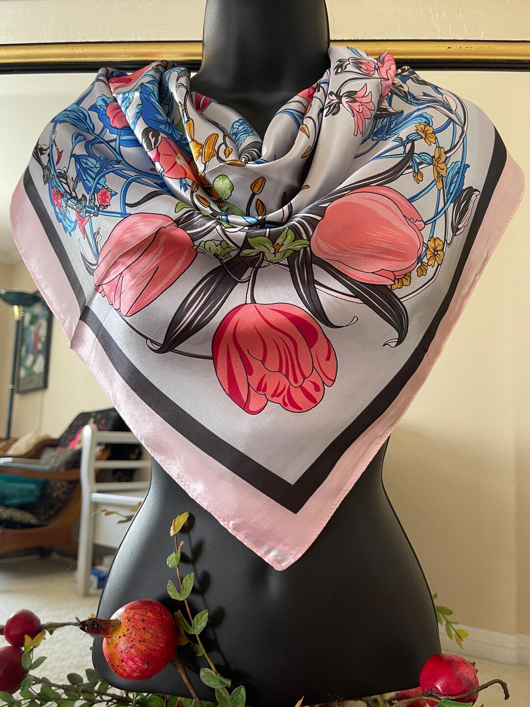 Floral Silk Scarf Pink Silk Scarf Head Scarf Silk Bandana Hair Scarf ...