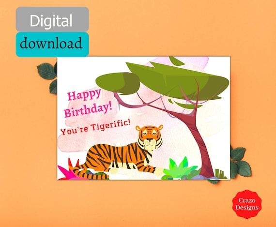 Tiger Happy Birthday Greeting Card Printable Birthday Card 5 | Etsy