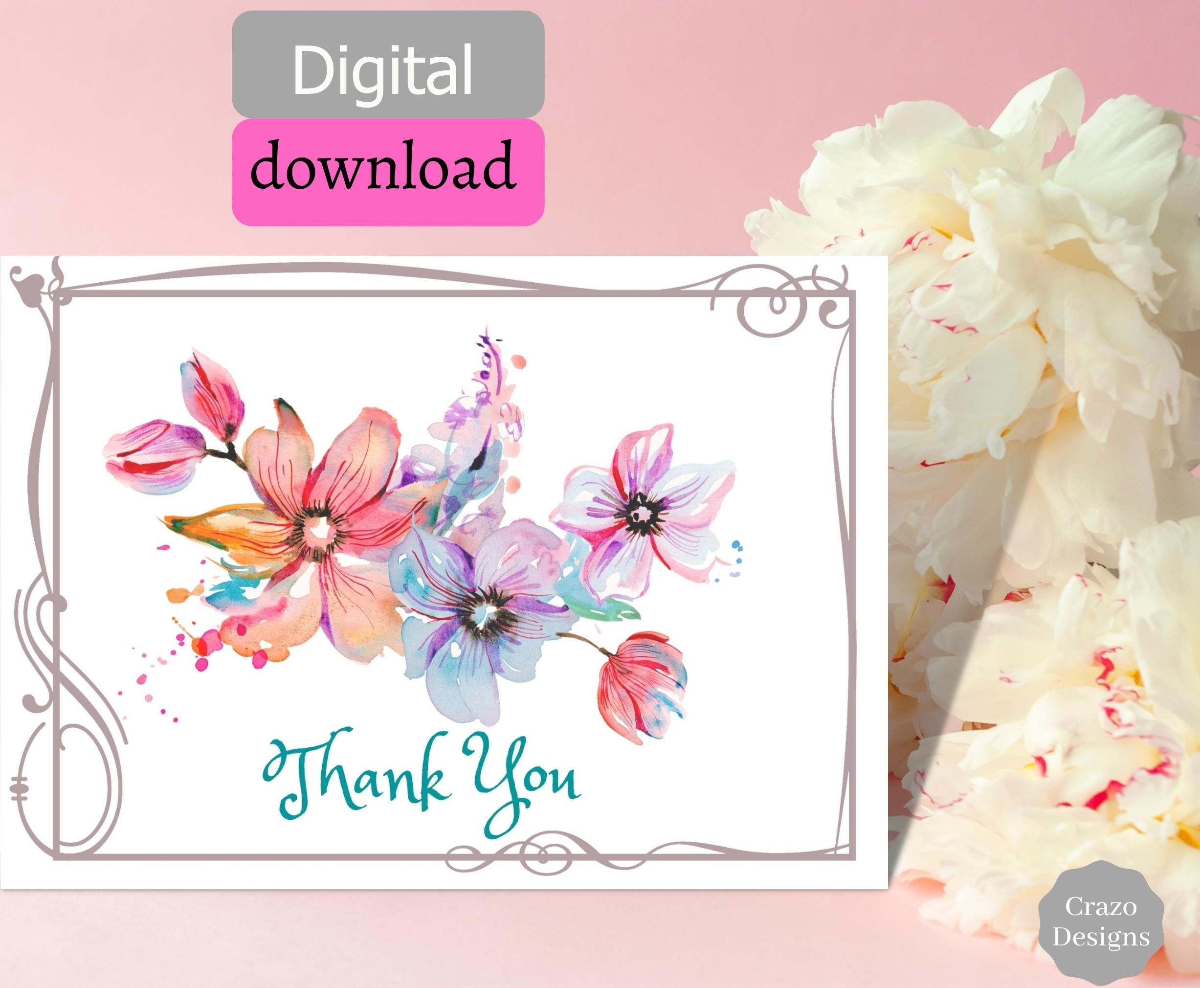 Flower Thank You Greeting Card, Watercolor Flower Thank You Card ...