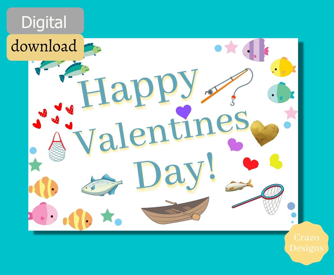 Printable Happy Valentines Day Card, Fishing and Fish Card, Instant ...
