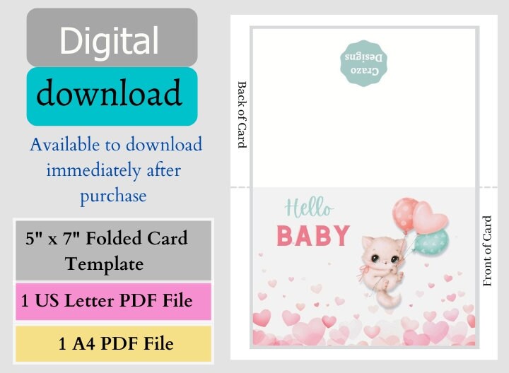 Printable Hello Baby Card, Baby Shower Card, 5" X 7" Digital Card ...