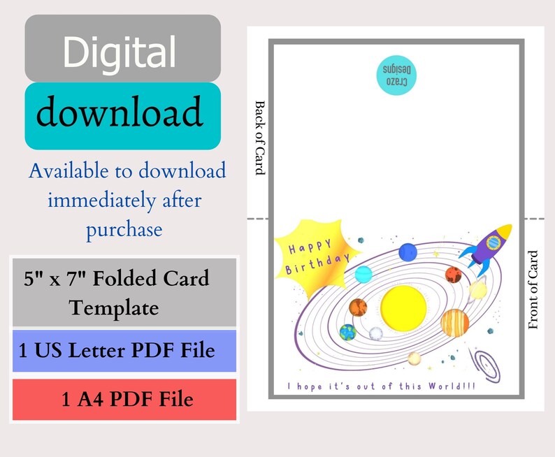 Space Happy Birthday Greeting Card, Solar System Birthday Card, 5 X 7 ...