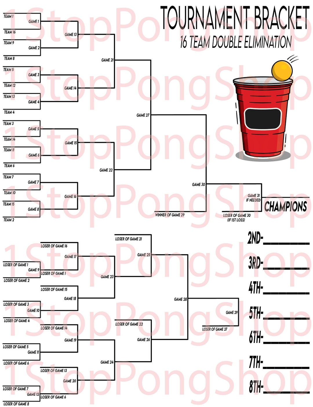 16 Team Double Elimination Beer Pong Tournament Bracket, Instant ...