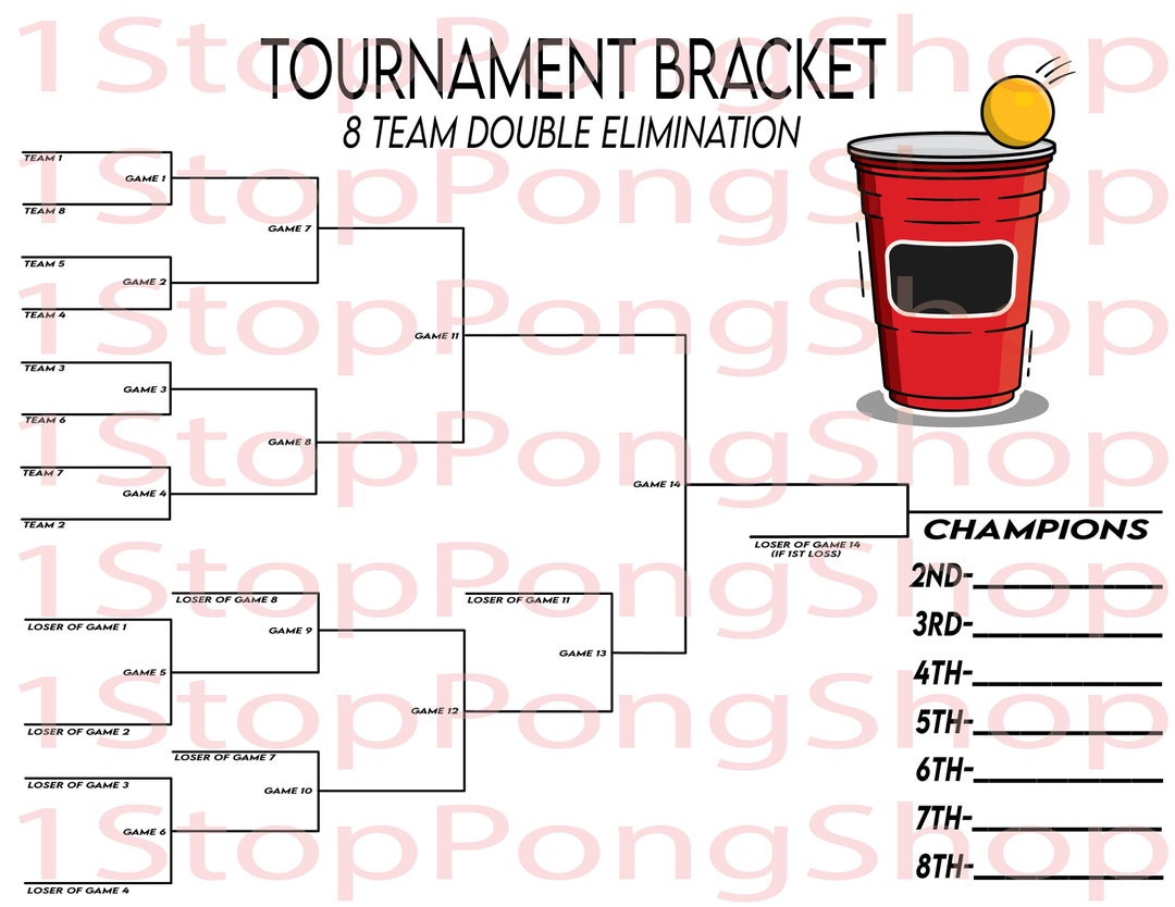 8 Team Double Elimination Beer Pong Tournament Bracket, Instant Digital ...
