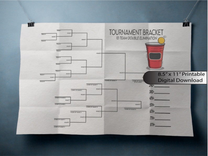 10 Team Double Elimination Beer Pong Tournament Bracket, Instant Digital Download, Printable ...
