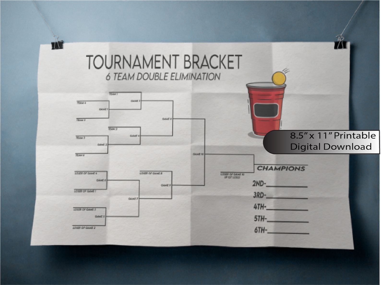 6 Team Double Elimination Beer Pong Tournament Bracket, Instant Digital ...