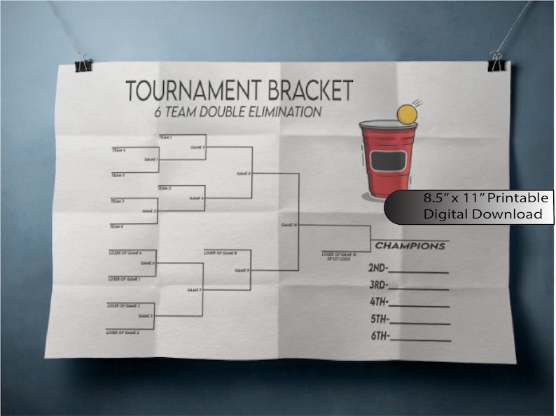 6 Team Double Elimination Beer Pong Tournament Bracket, Instant Digital ...