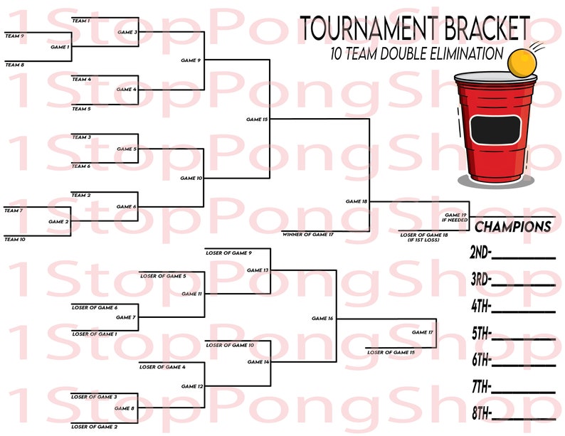 10 Team Double Elimination Beer Pong Tournament Bracket, Instant ...