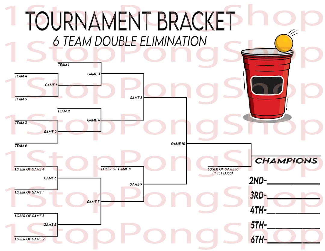 6 Team Double Elimination Beer Pong Tournament Bracket, Instant Digital Download, Printable ...