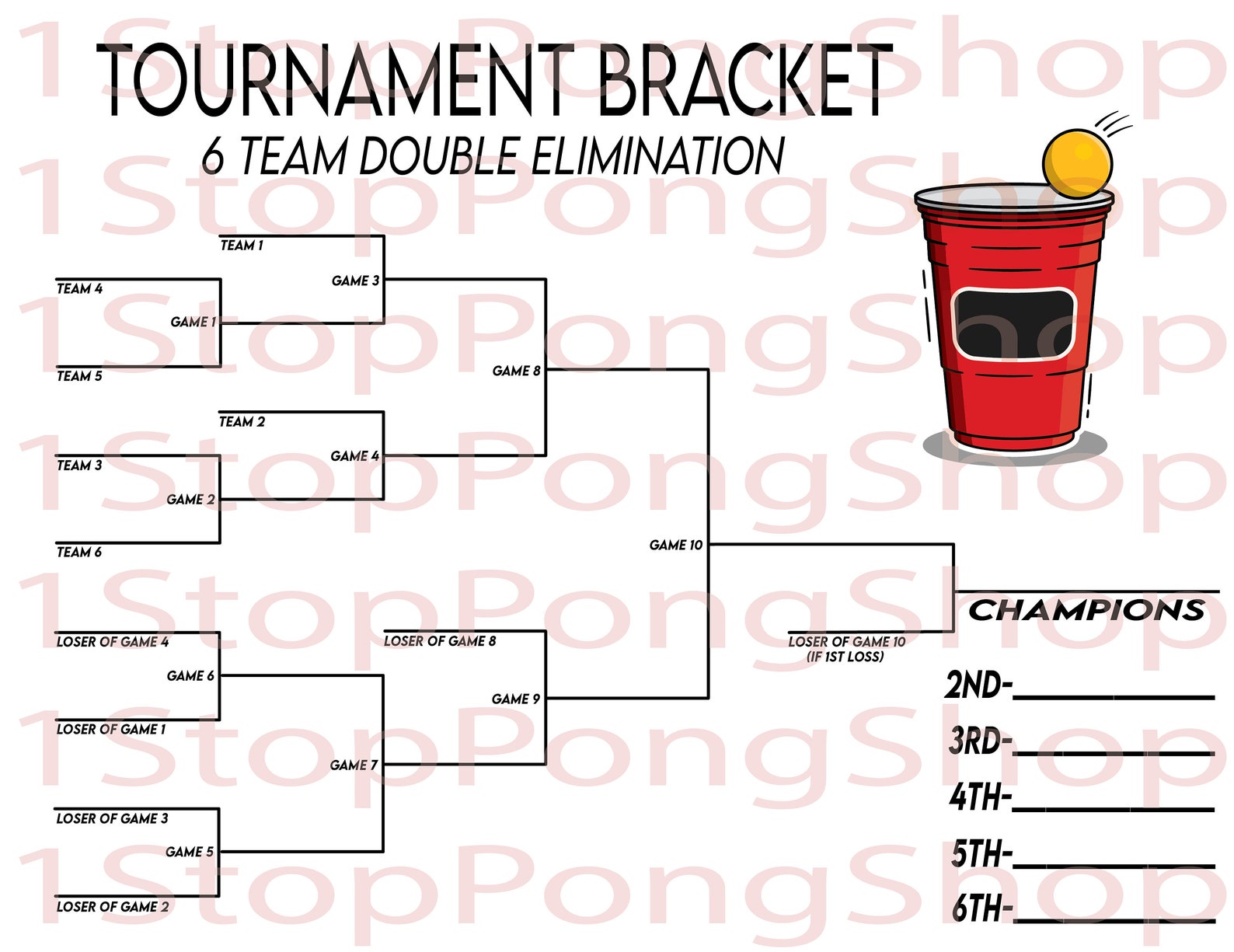 6 Team Double Elimination Beer Pong Tournament Bracket, Instant Digital ...