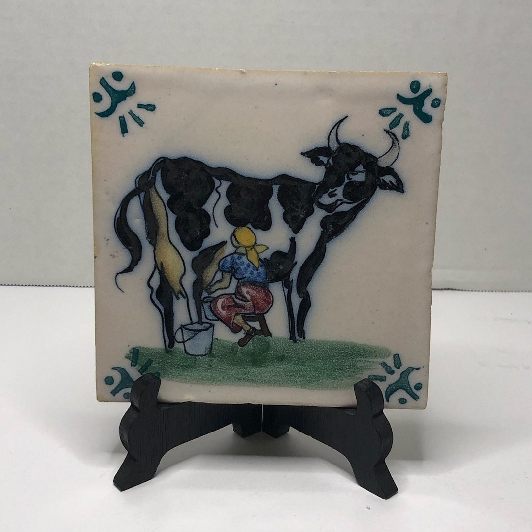 Vintage Cow and Maiden Tile Hand Painted Lisboa Portugal Fabrica ...