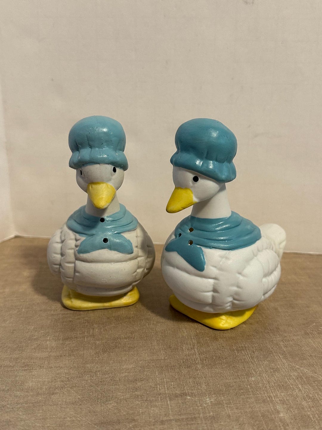 Vintage Porcelain Mother Goose Salt and Pepper Shakers Duck Blue Bonnet ...