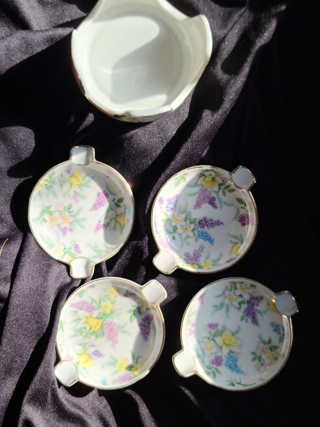 Lefton China Hand Painted Individual Ashtrays With Holder Floral Gold ...