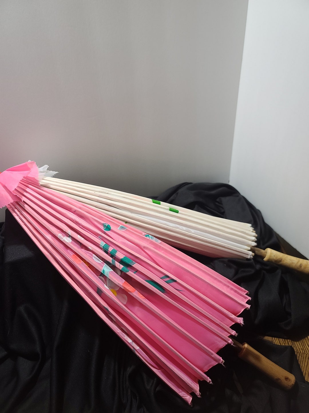 Hand Painted Floral Nylon Parasol White and Pink Set of 2 - Etsy