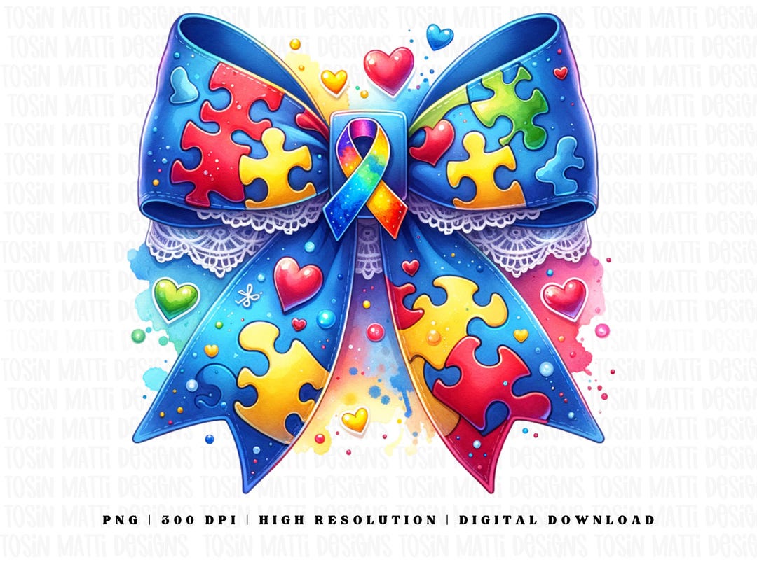 Autism Bow PNG, Watercolor Coquette Bow for Autism Awareness Shirts ...