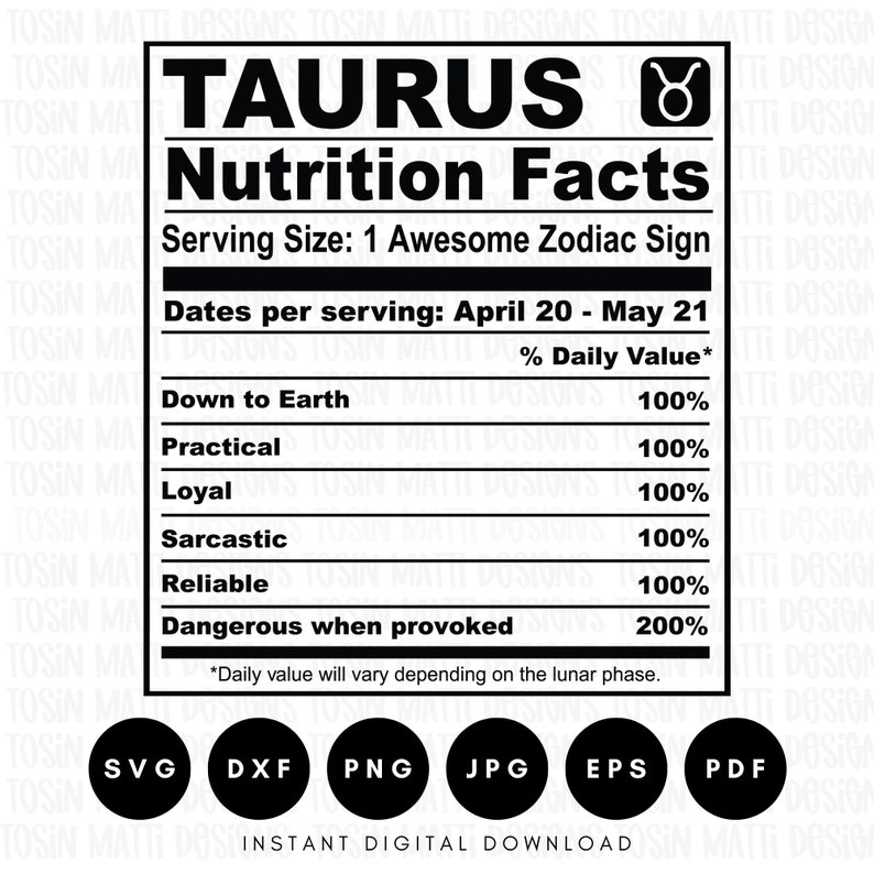 Taurus Nutrition Facts Svg, Zodiac Sign, Horoscope Svg, Astrology Svg ...