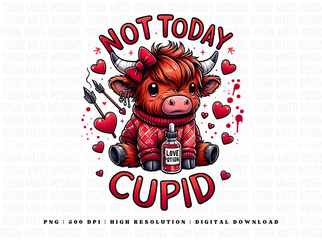 Not Today Cupid PNG, Tattoo-style Highland Cow PNG, Anti-valentine's ...