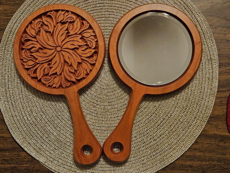 Cherry or Walnut Wooden Handheld Mirror With Rosette Carving. - Etsy