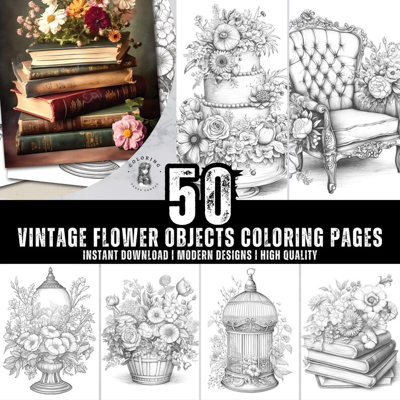 Vintage Flower Objects Coloring Pages - Adult, Teens and Kids Coloring ...