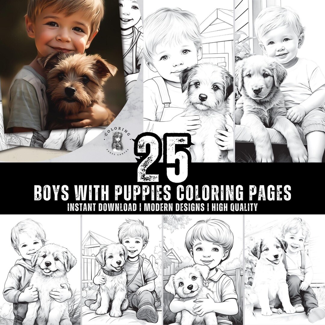 Boys With Puppies Coloring Book - Coloring Pages for Kids & Adults ...