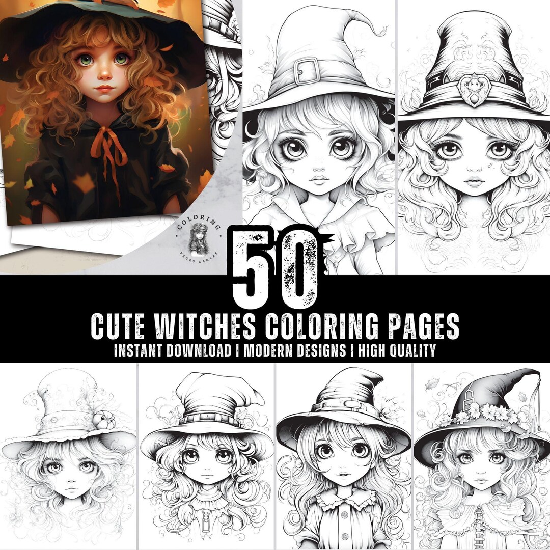 50 Cute Witches Coloring Pages for Kids & Adults Fun and Relaxing PDF ...